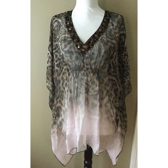 Basler | Tops | Basler Sheer Silk Animal Print Top Tunic Brown Nuetral ...